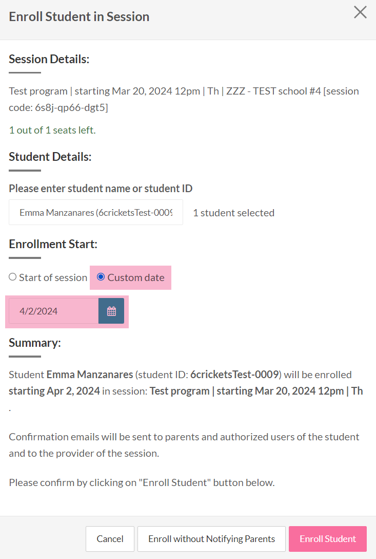 How to enroll a student with a custom start date – Help for 6crickets