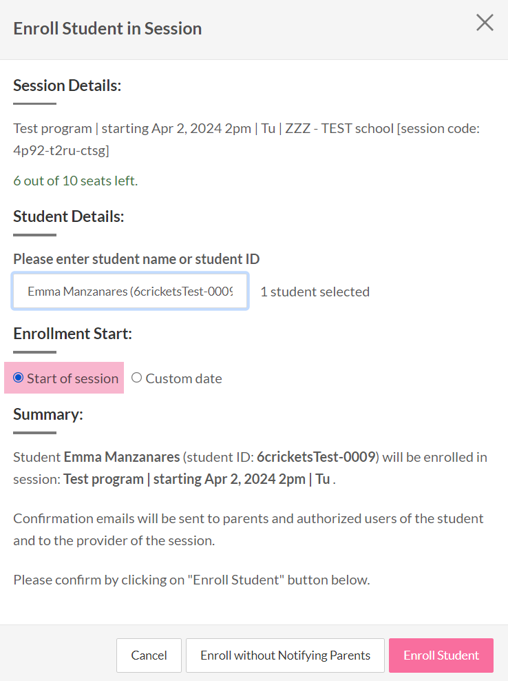 How to enroll a student with a custom start date – Help for 6crickets